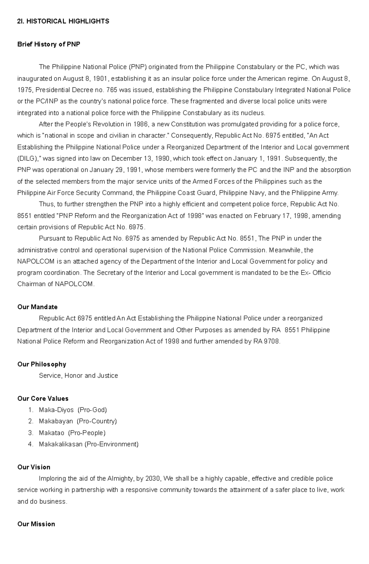 PNP Org - pnp organization - 2I. HISTORICAL HIGHLIGHTS Brief History of ...