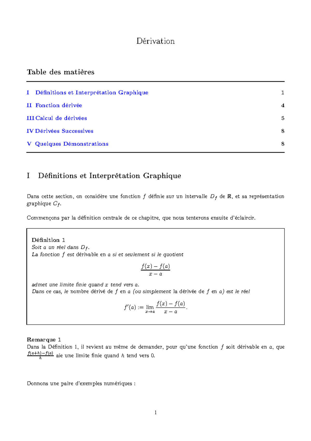 Derivation - Résumé Mathématique Générale I - Dérivation Table des ...