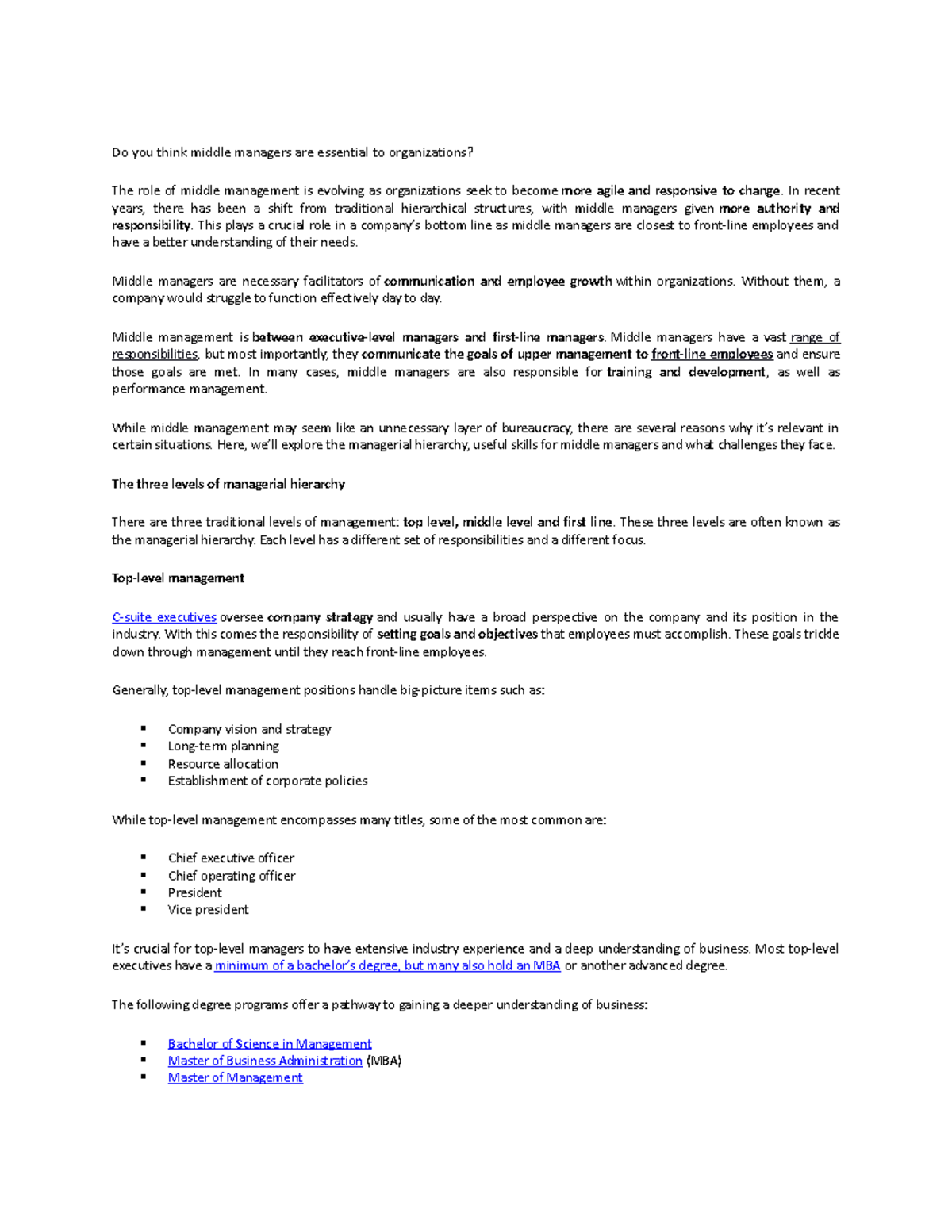 Assignment 1 - Introduction to Management - Do you think middle ...