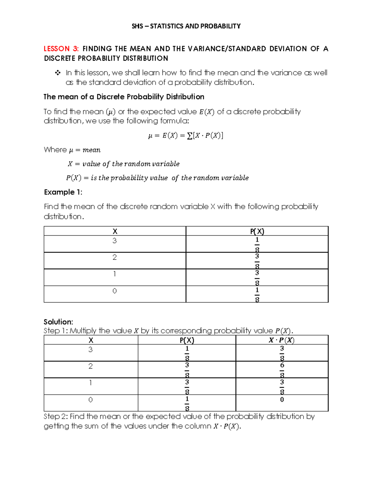 Lesson 3, Activity 3, Assessment 3 - LESSON 3: FINDING THE MEAN AND THE ...