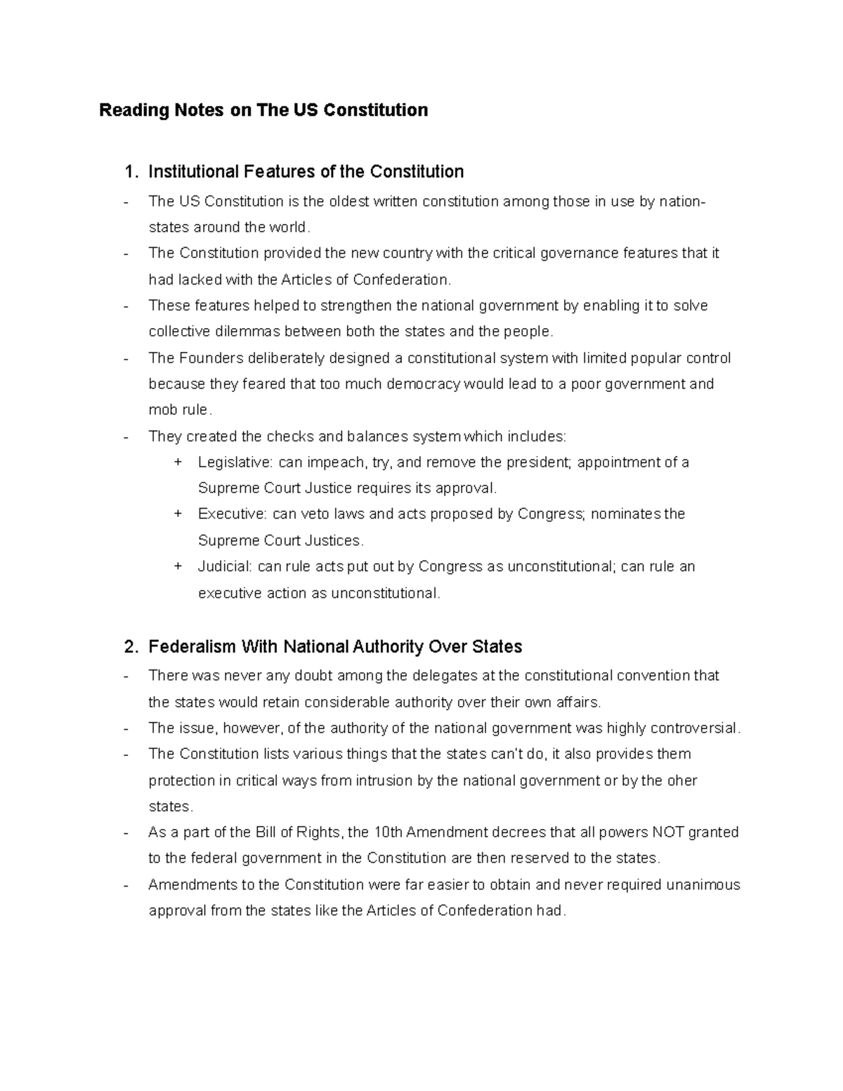 POL 201 US Constitution Notes - Reading Notes on The US Constitution 1 ...