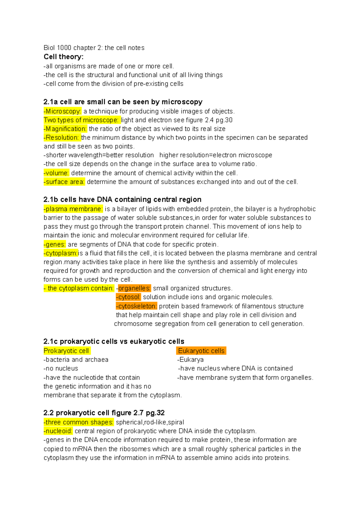 Cell theory chapter notes - Biol 1000 chapter 2: the cell notes Cell ...