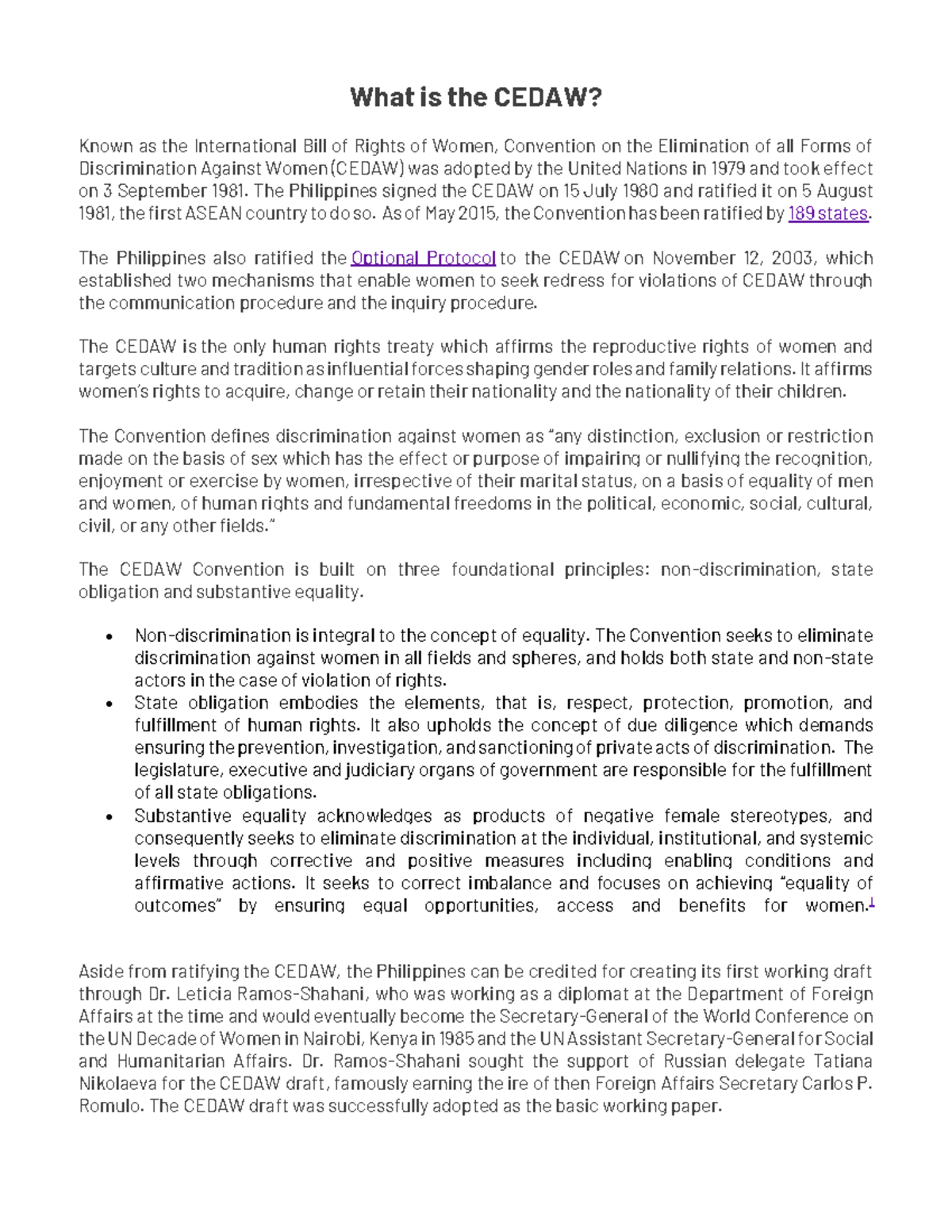 Notes Cedaw - What is the CEDAW? Known as the International Bill of ...