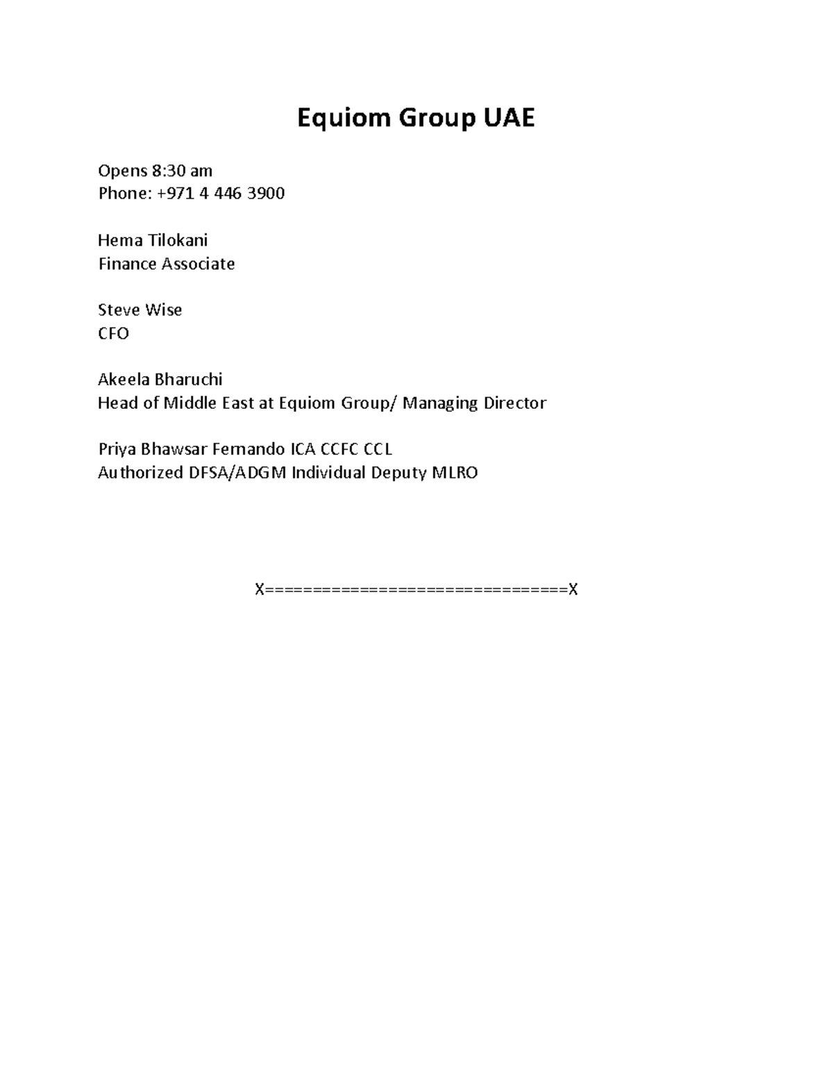 Equiom Group UAE - ..... - Equiom Group UAE Opens 8:30 am Phone: +971 4 ...