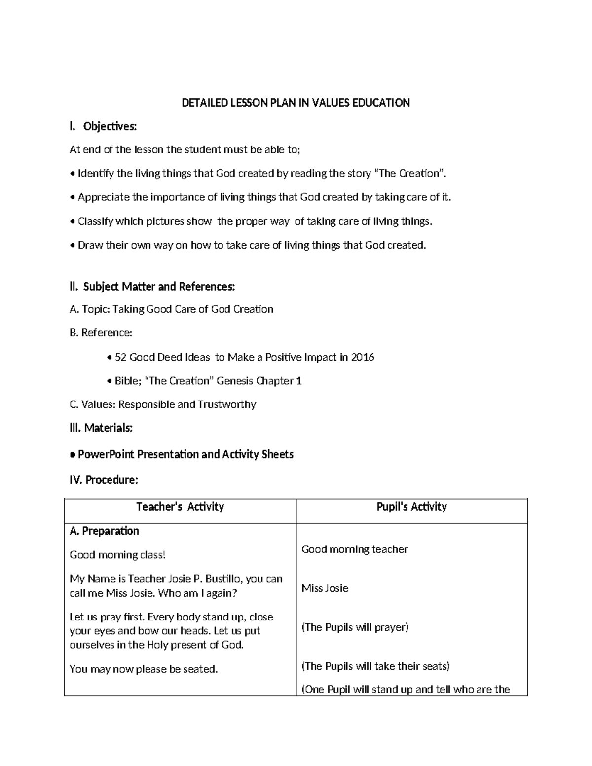 LP IN Values Education - DETAILED LESSON PLAN IN VALUES EDUCATION l ...