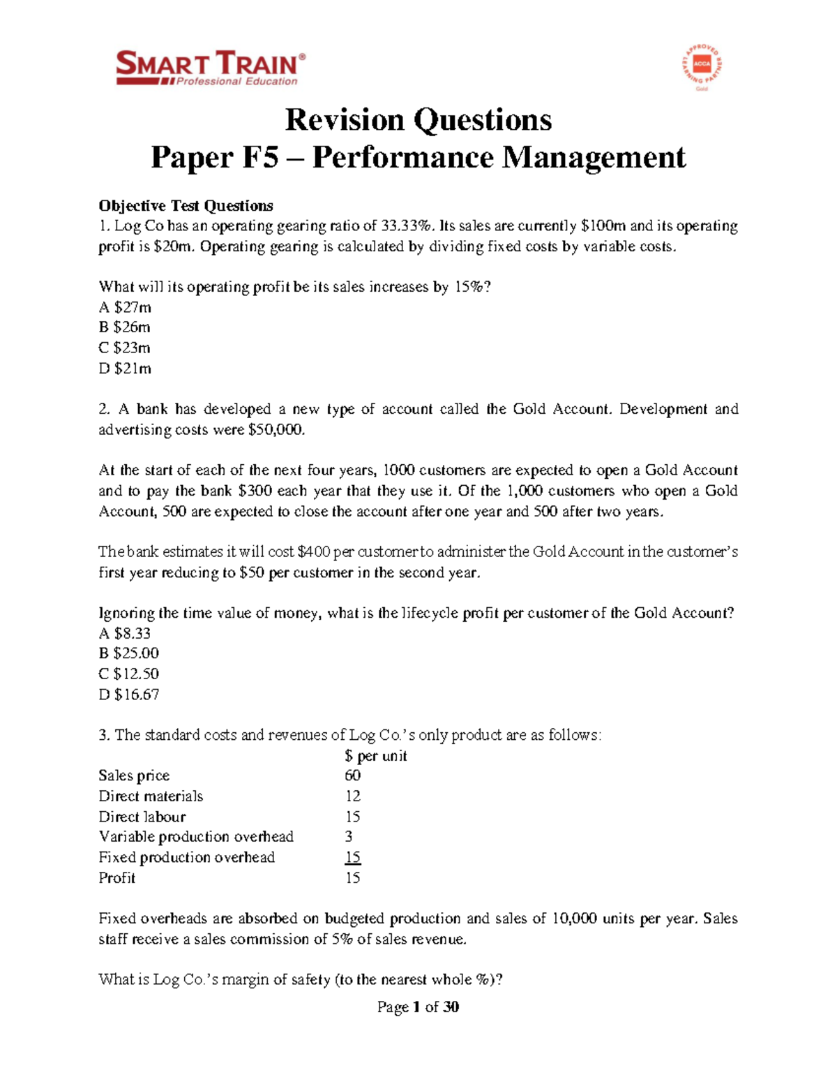 Revision Questions for practice 2021 - ACCA F5 Revision question - Studocu