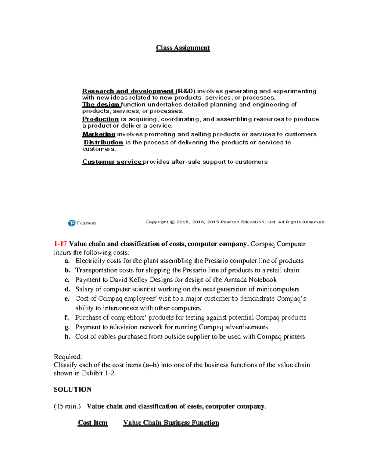 Class Assignment 1 - Copy - Class Assignment 1 - 17 Value chain and classification of costs ...