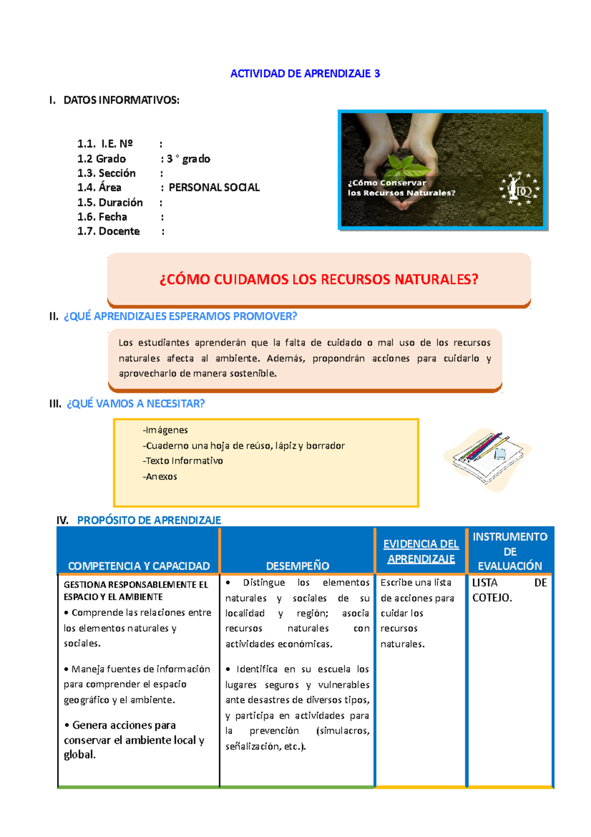 D3 A3 Sesion PS. ¿CÓMO Cuidamos LOS Recursos Naturales - ACTIVIDAD DE ...