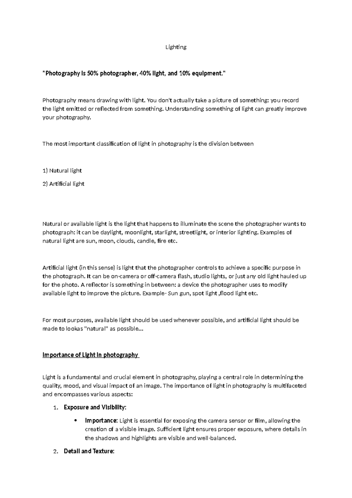 Lighting - notes - Lighting "Photography is 50% photographer, 40% light ...