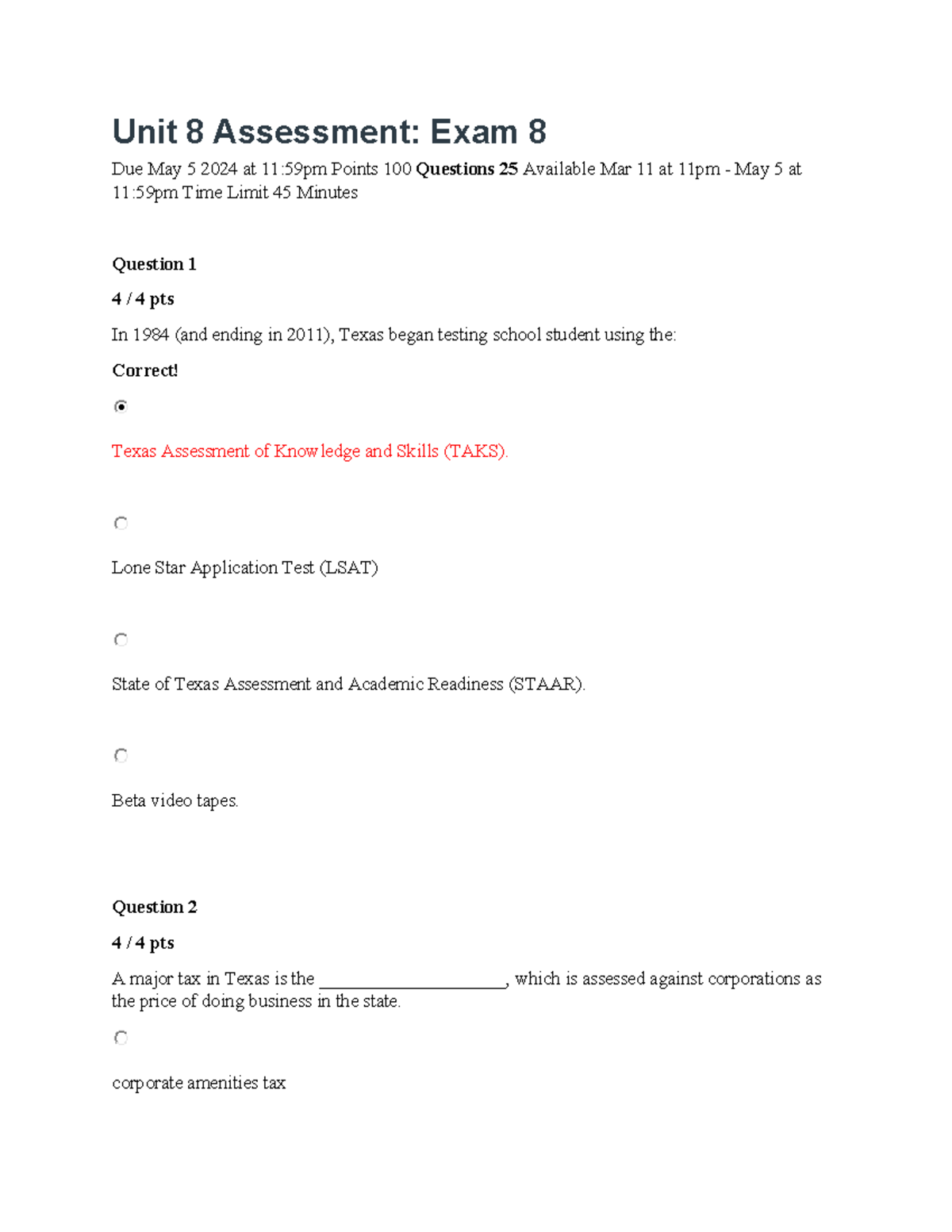 Unit 8 Assessment Exam 8 - Unit 8 Assessment: Exam 8 Due May 5 2024 at 11:59pm Points 100 ...