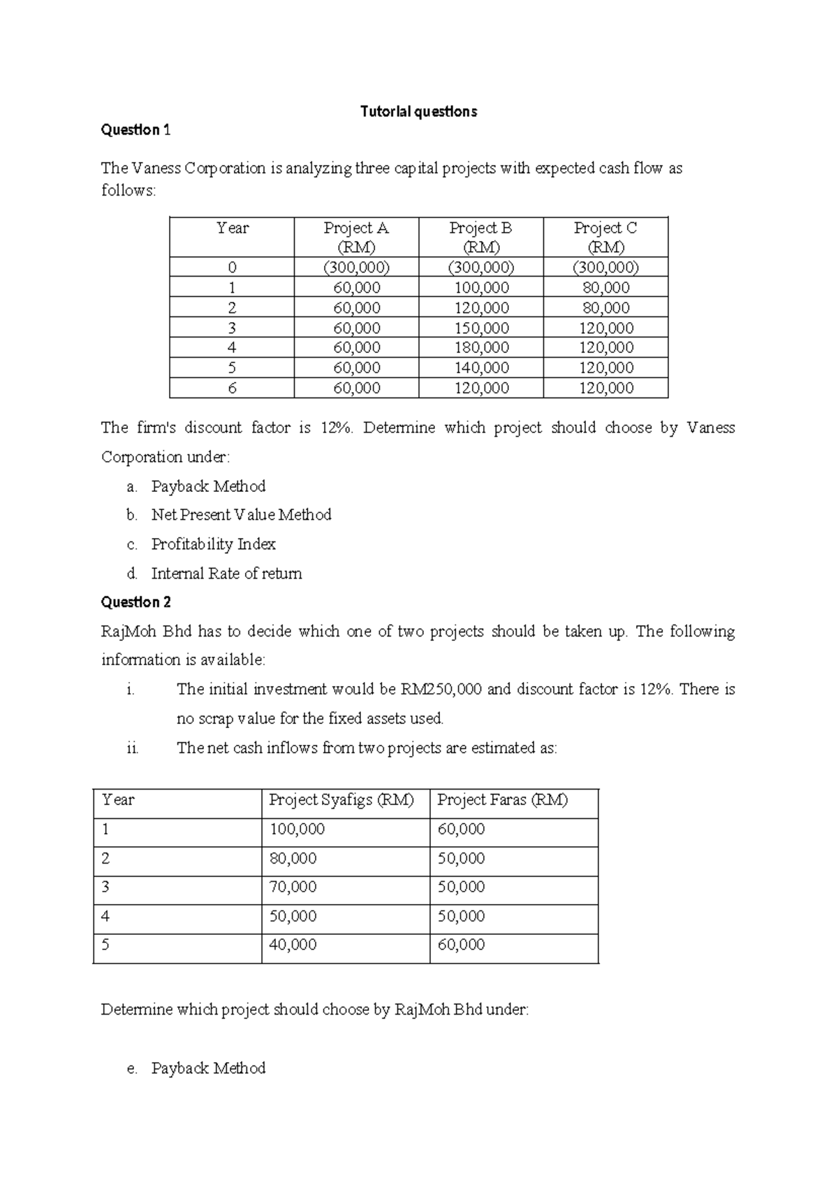 Tutorial questions Capital budgeting - Tutorial questions Question 1 ...