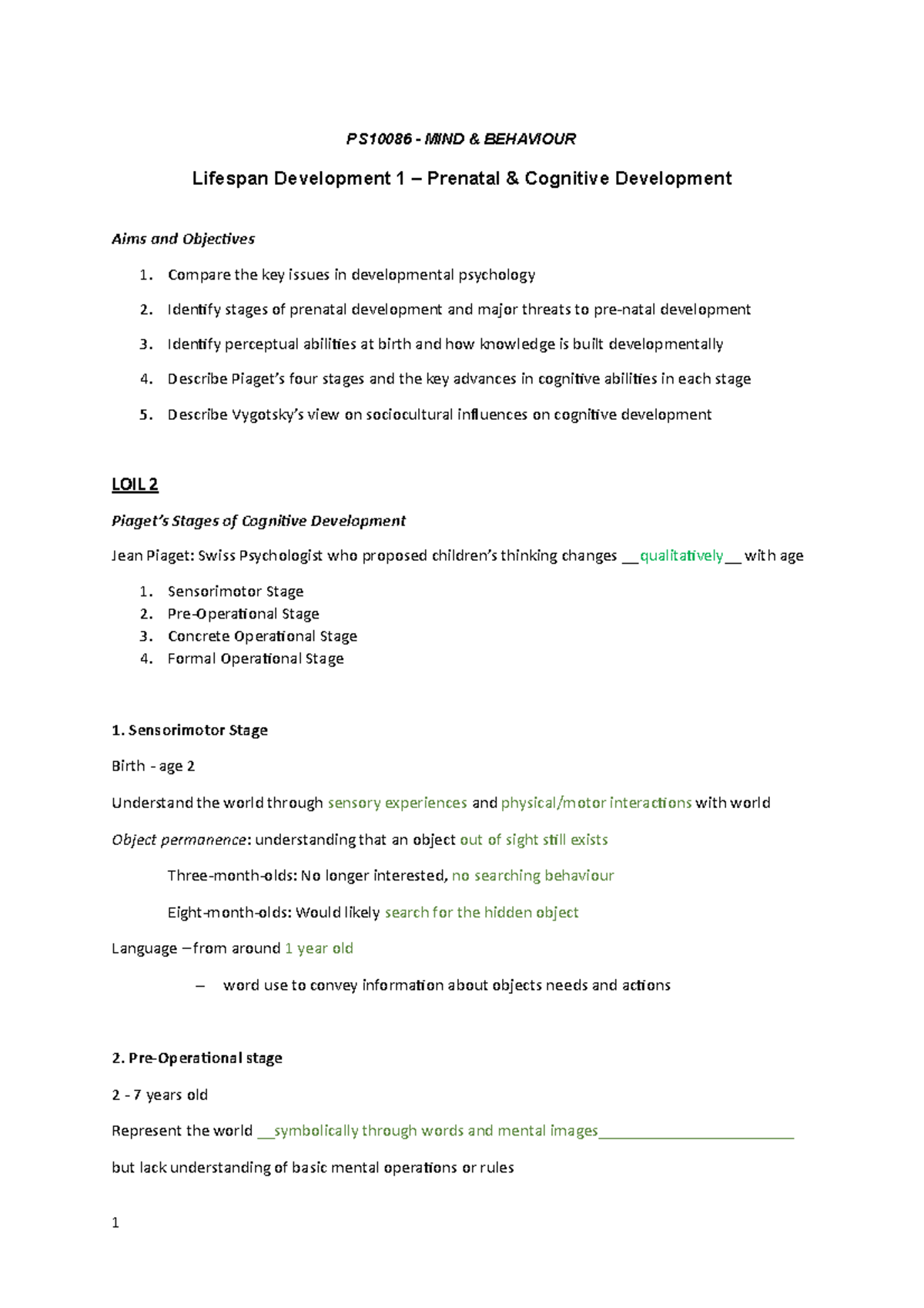 Completed handout for lecture week 21b Christel - Lifespan Development 1 - PS10086 - MIND ...