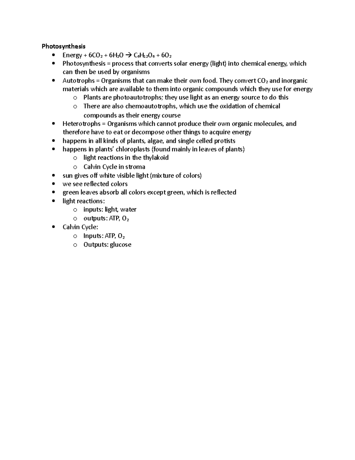 Photosynthesis lab notes - Photosynthesis Energy + 6CO 2 + 6H 2 O C 6 H ...