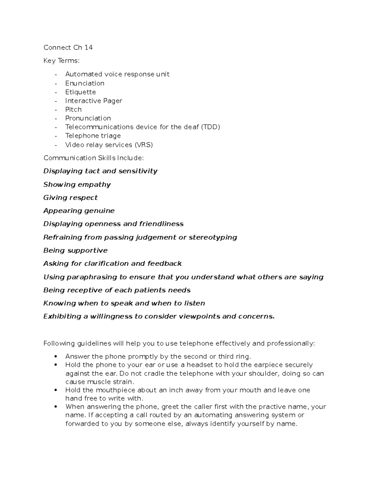 Ch 14 telephone screening and techniques Connect notes - Connect Ch 14 ...