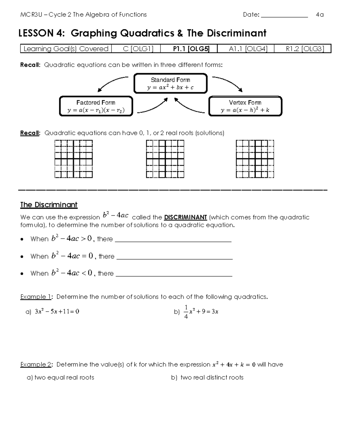 C2 4a Graphing Quadratics The Discriminant Lesson Mcr3u Cycle 2