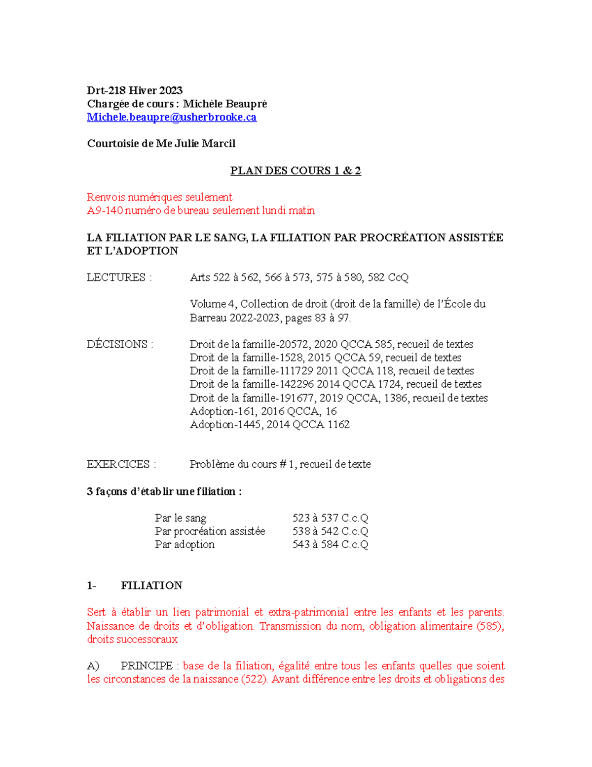 Droit de la famille - Michèle Beaupré - Drt-218 Hiver 2023 Chargée de ...