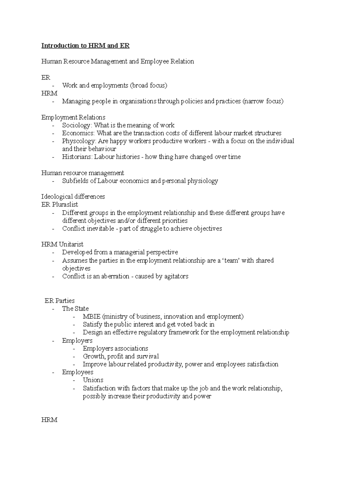MANT250 Notes - Introduction to HRM and ER Human Resource Management ...