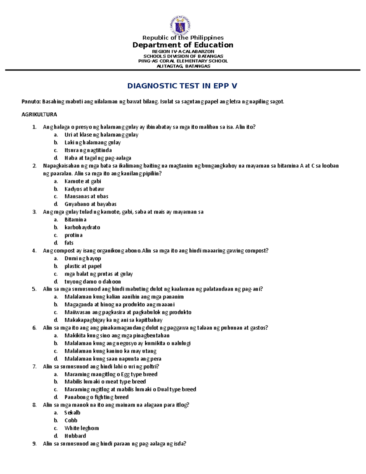 PRE-TEST EPP 5 - summative test - Republic of the Philippines ...