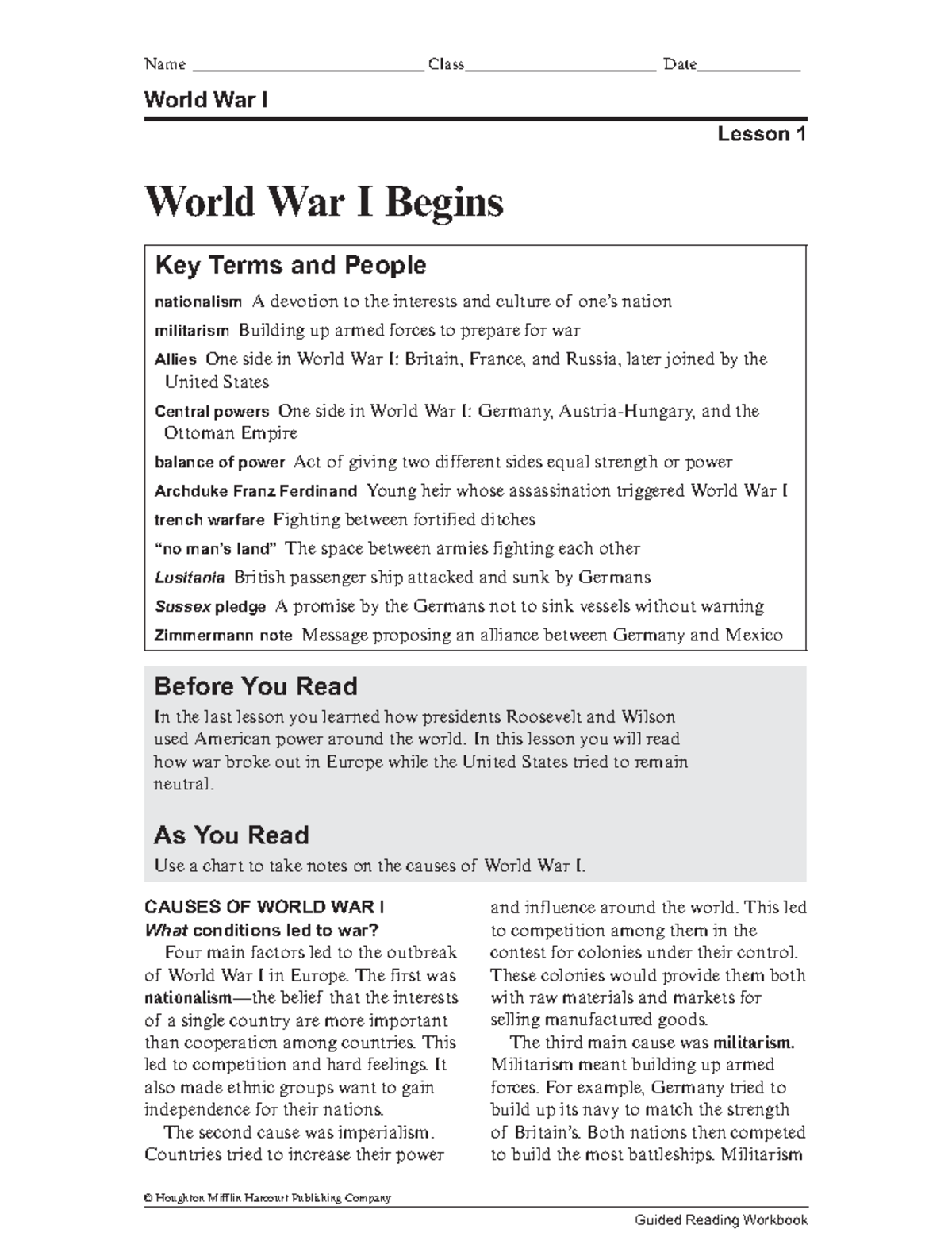 7-1 - It was good - World War I Lesson 1 World War I Begins Key Terms ...