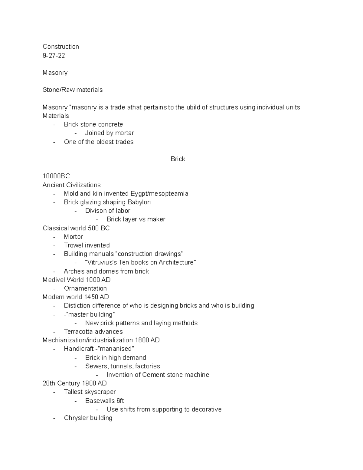 Masonry pt 1 1-1 - Lecture Notes Craig Borum - Construction 9-27 ...