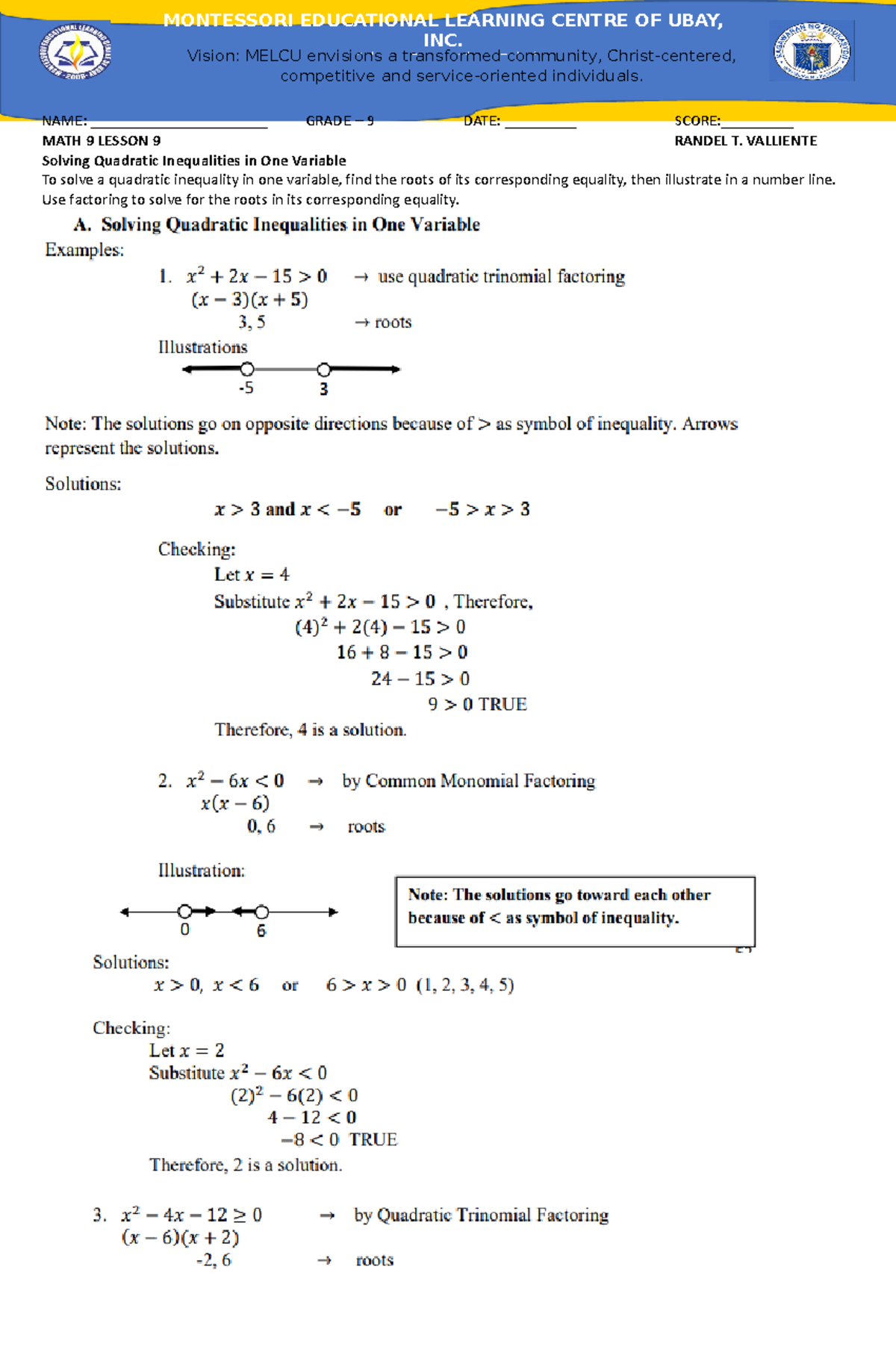 Q1 MATH 9 Lesson 9 - NAME: ______________________ GRADE – 9 DATE ...