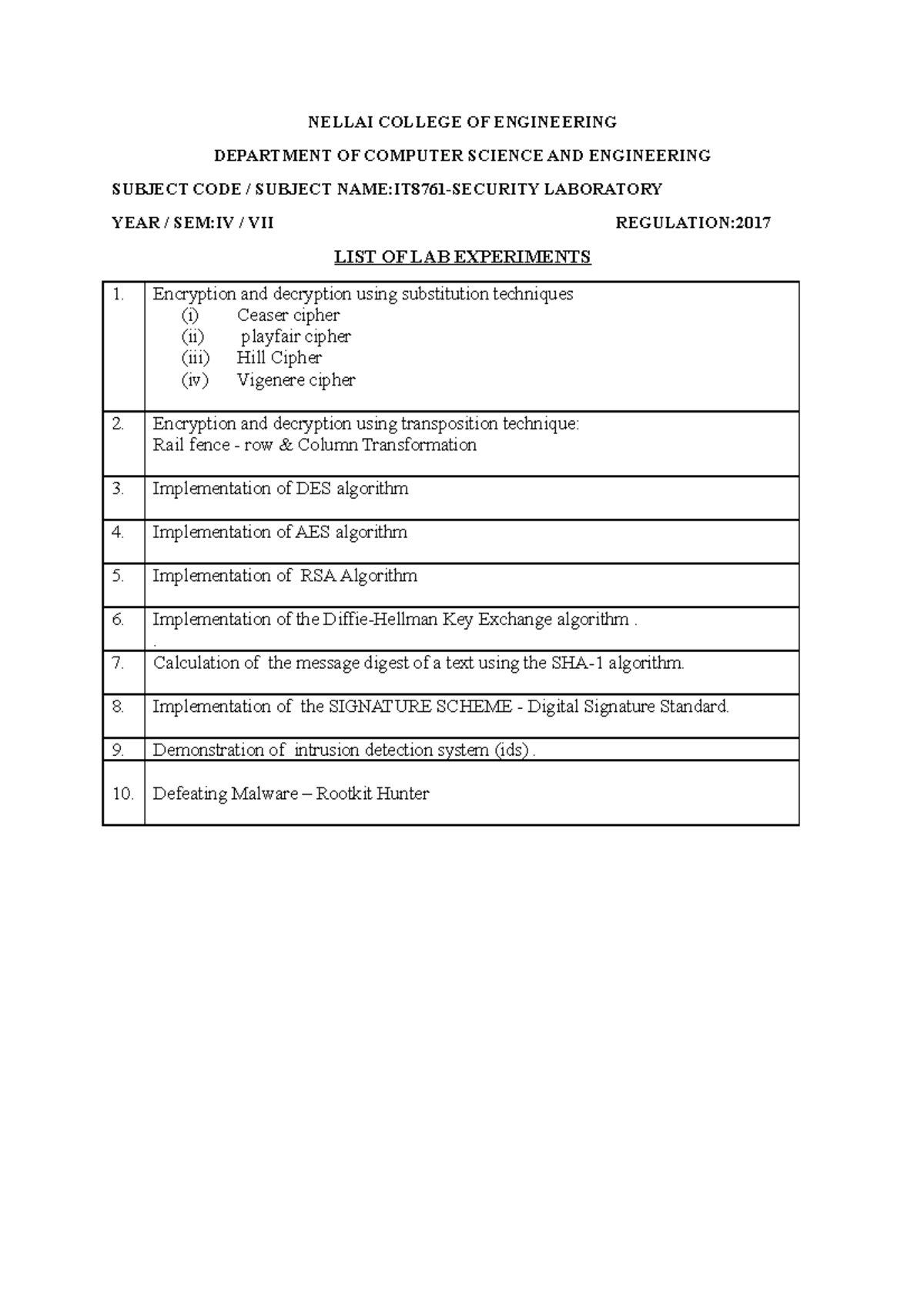 It8761 Security Laboratory Lab Manual Nellai College Of Engineering Department Of Computer