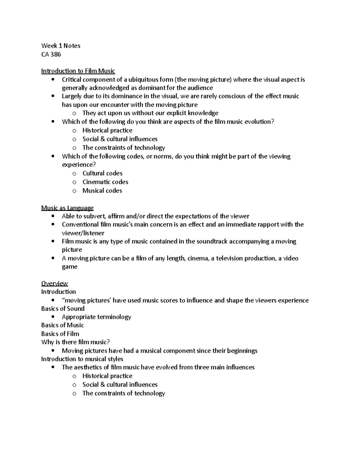 Week 1 Notes - Week 1 Notes CA 386 Introduction to Film Music Critical ...