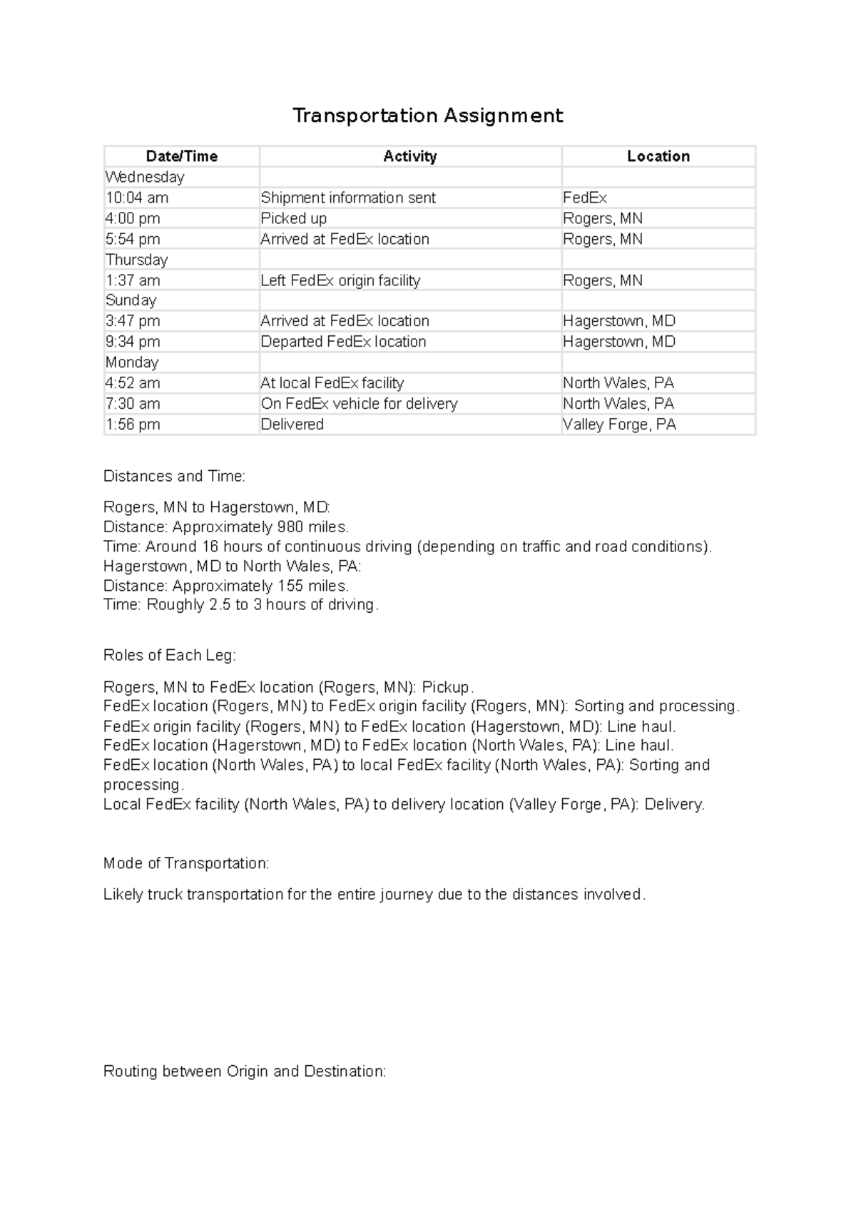 Transportation Assignment - Transportation Assignment Date/Time Activity Location Wednesday 10: ...