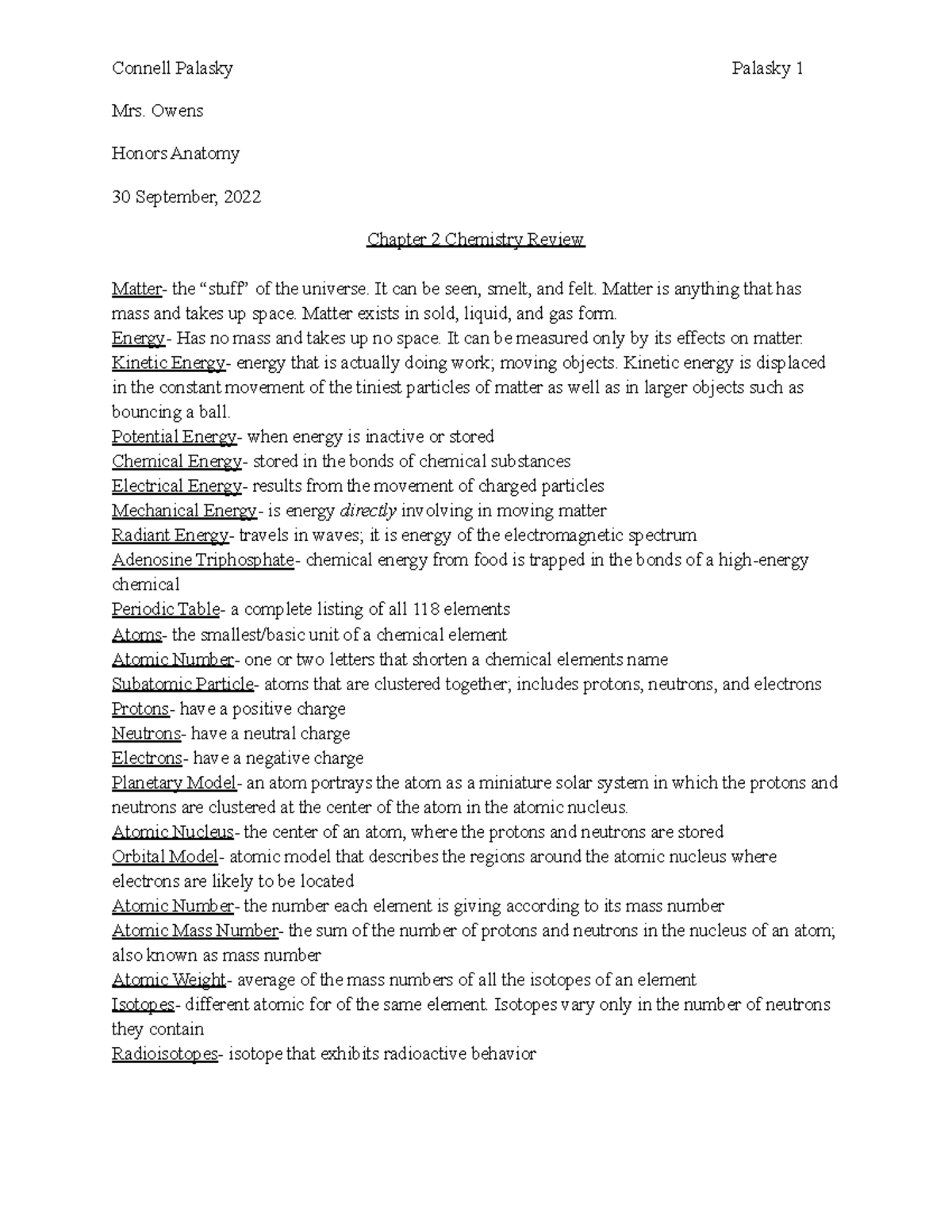 Chapter 2 Chemistry Review for Anatomy - Connell Palasky Palasky 1 Mrs ...
