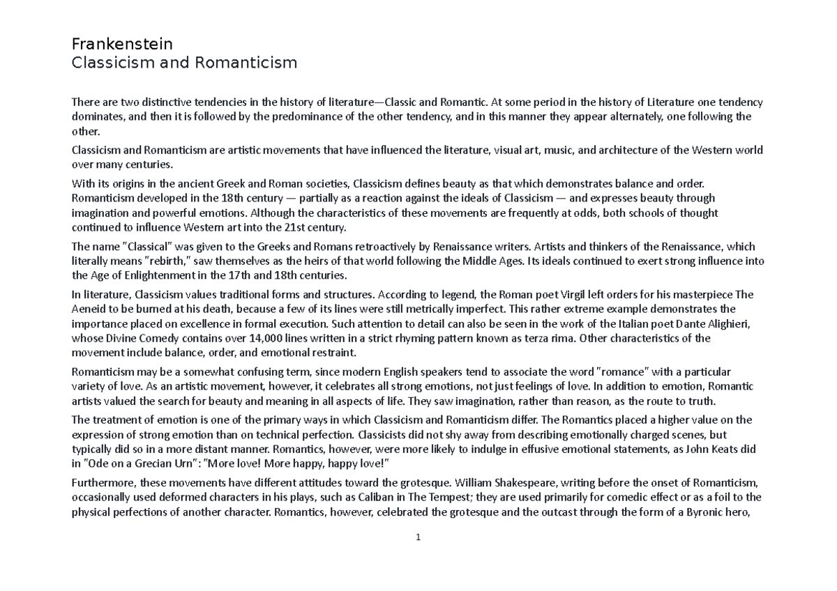 Classicism Romanticism - Frankenstein Classicism and Romanticism There ...
