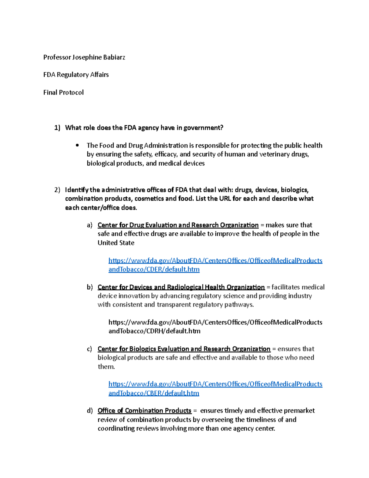 Final Protocol Babiarz - Professor Josephine Babiarz FDA Regulatory ...