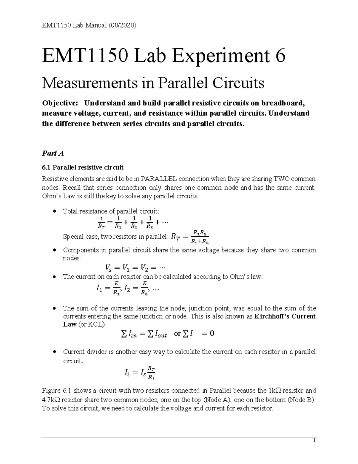 EMT1150 Lab6 Fall2020 - LAB TABLES - EMT1150 Lab Experiment 6 Measurements in Parallel Circuits ...