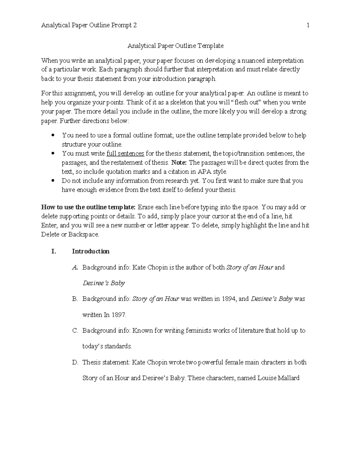 Analytical Paper Outine - Each paragraph should further that ...