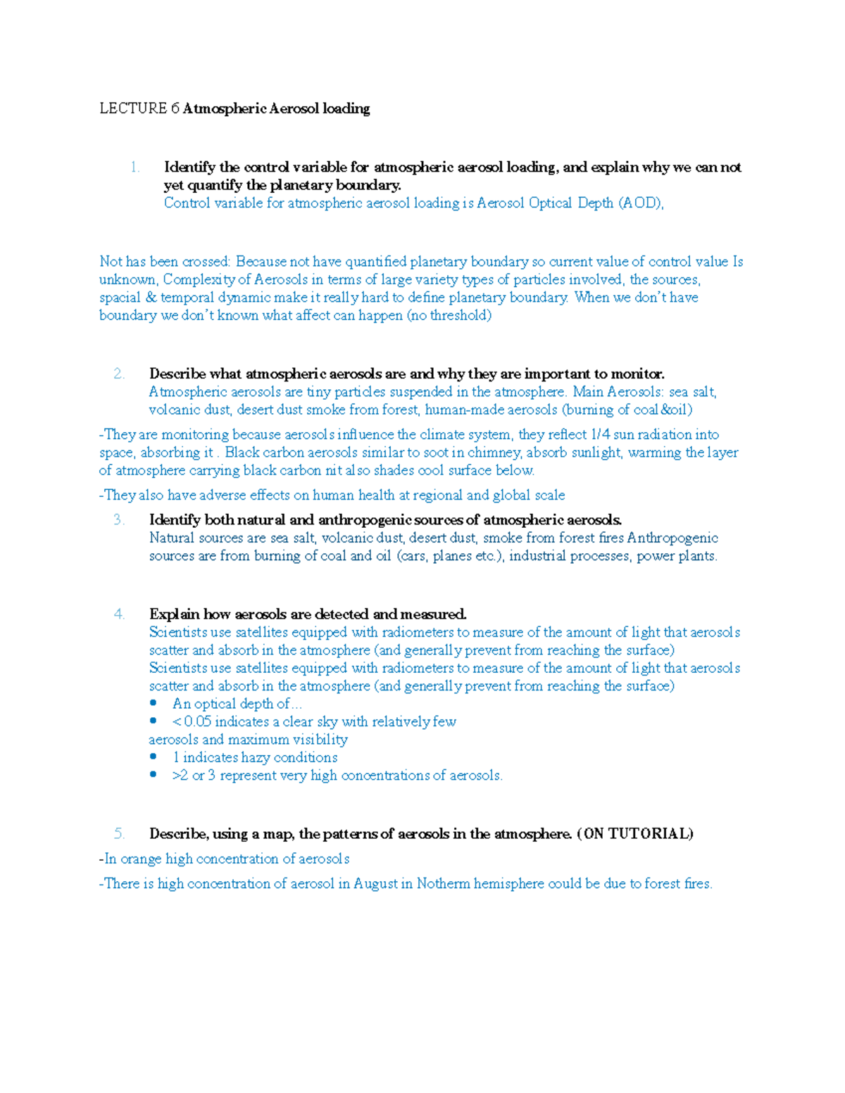 Evsc 100 final exam study - LECTURE 6 Atmospheric Aerosol loading ...