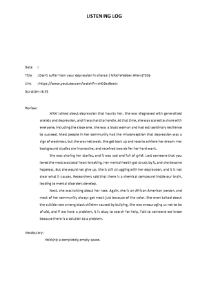 Listening Log, Example #2 - LISTENING LOG (Oral English DCC ...