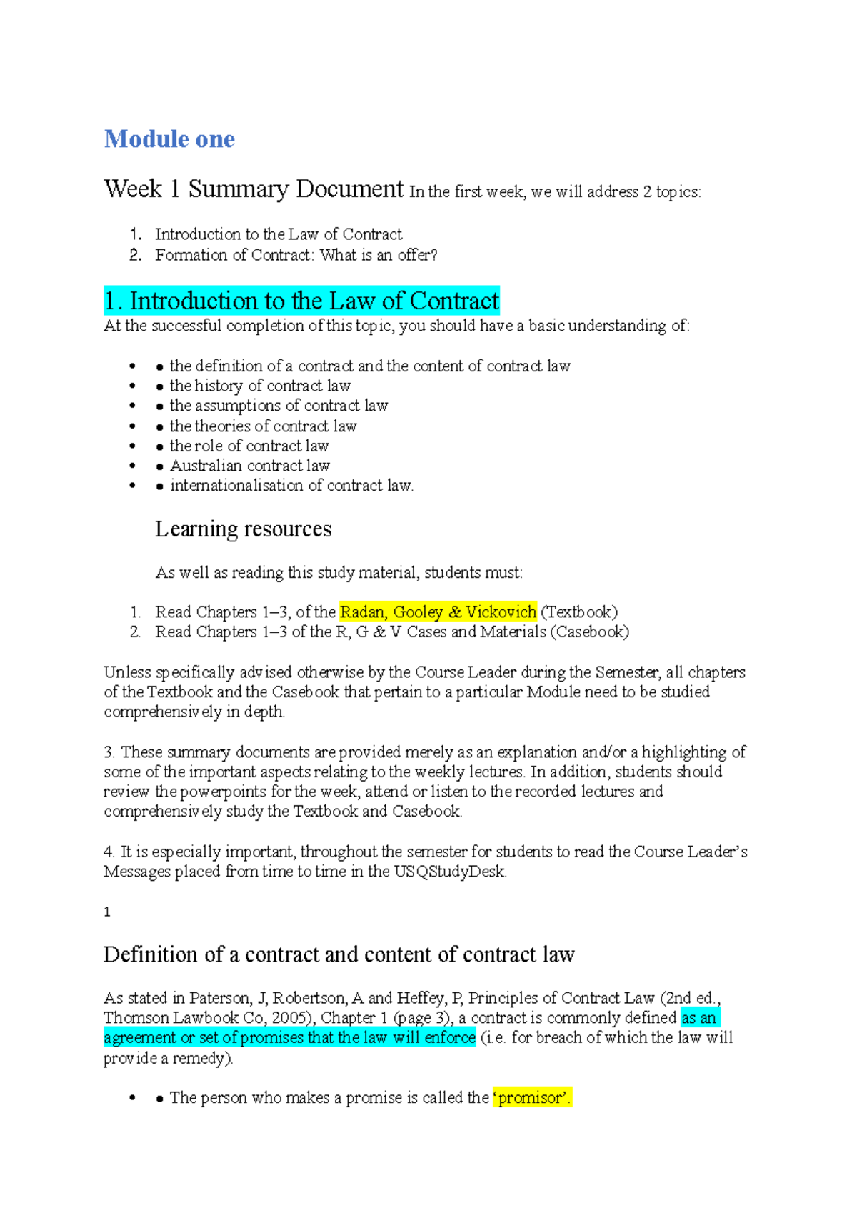 Contracts summary notes - Module one Week 1 Summary Document In the ...