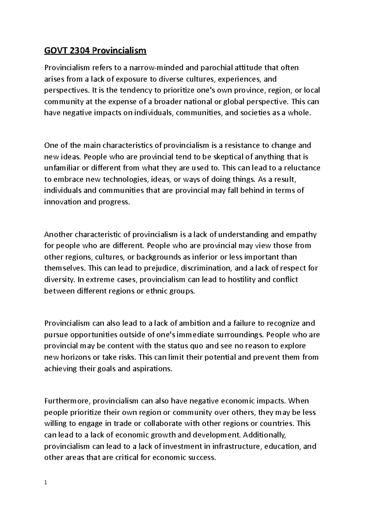 GOVT 2304 Provincialism - GOVT 2304 Provincialism Provincialism refers ...