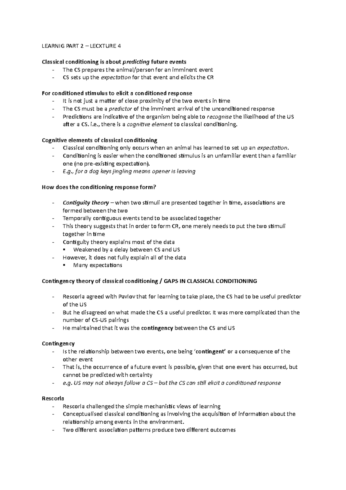 Learning Lecture 4 - notes - LEARNIG PART 2 – LECXTURE 4 Classical ...