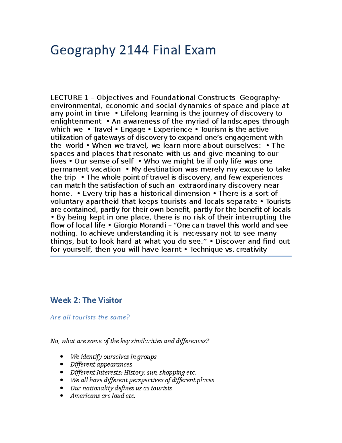 Geo final - Lecture notes 1-12 - Geography 2144 Final Exam LECTURE 1 ...