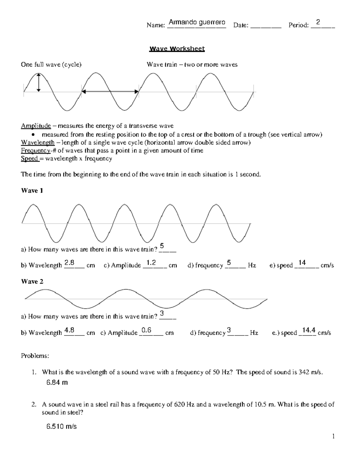 Waves Worksheet - school year - Name: _________________ Date ...