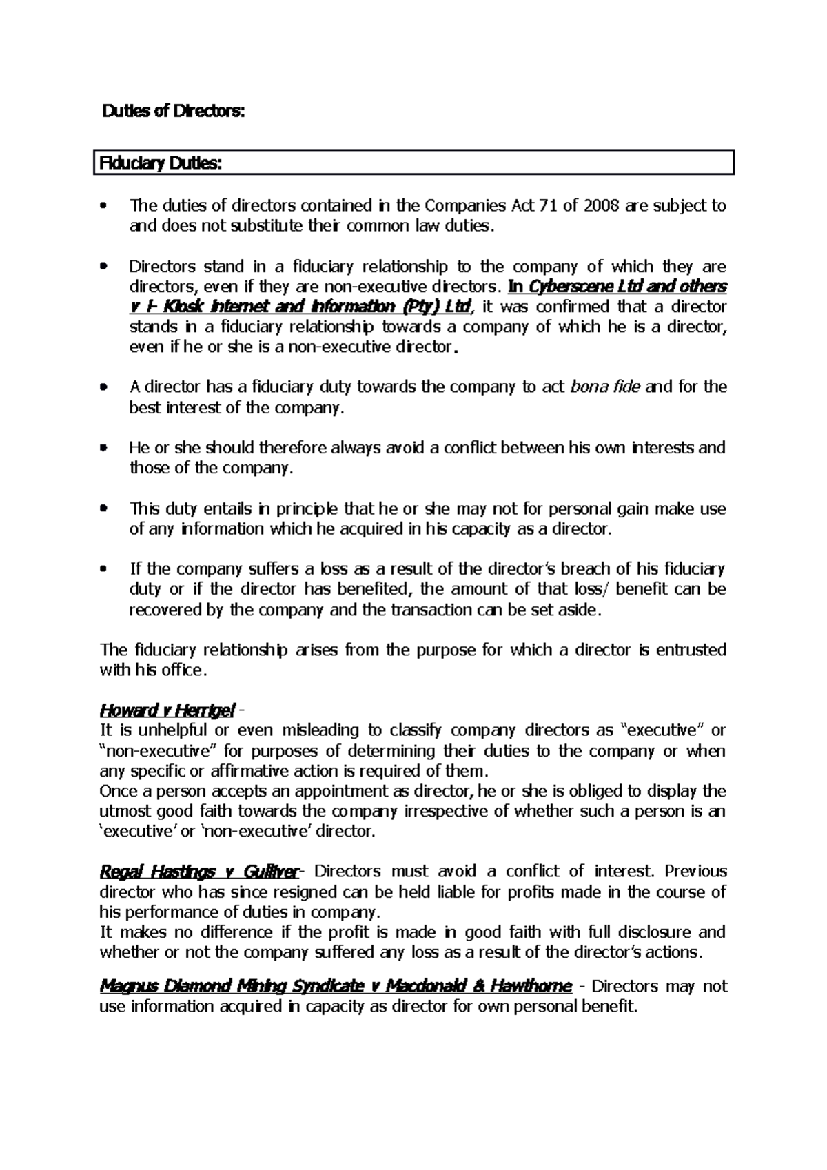 Duties of Directors - Lecture notes 1 - Dut ies of Director s: Fiduc ...