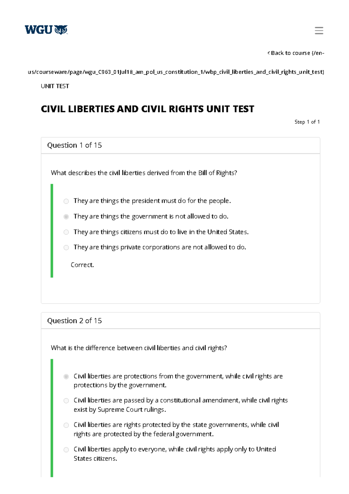 C963 Unit 5 Test Civil Liberties and Civil Rights Unit Test - UNIT TEST ...