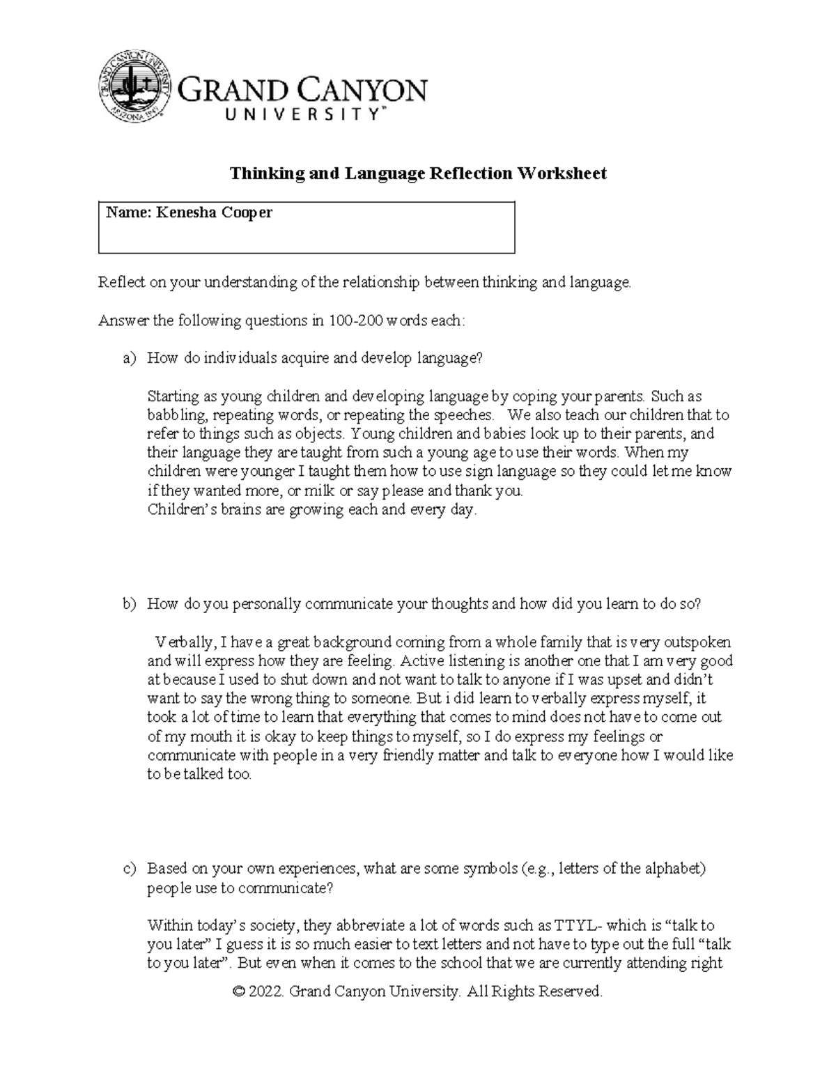 Worksheet thinking and language - Thinking and Language Reflection ...