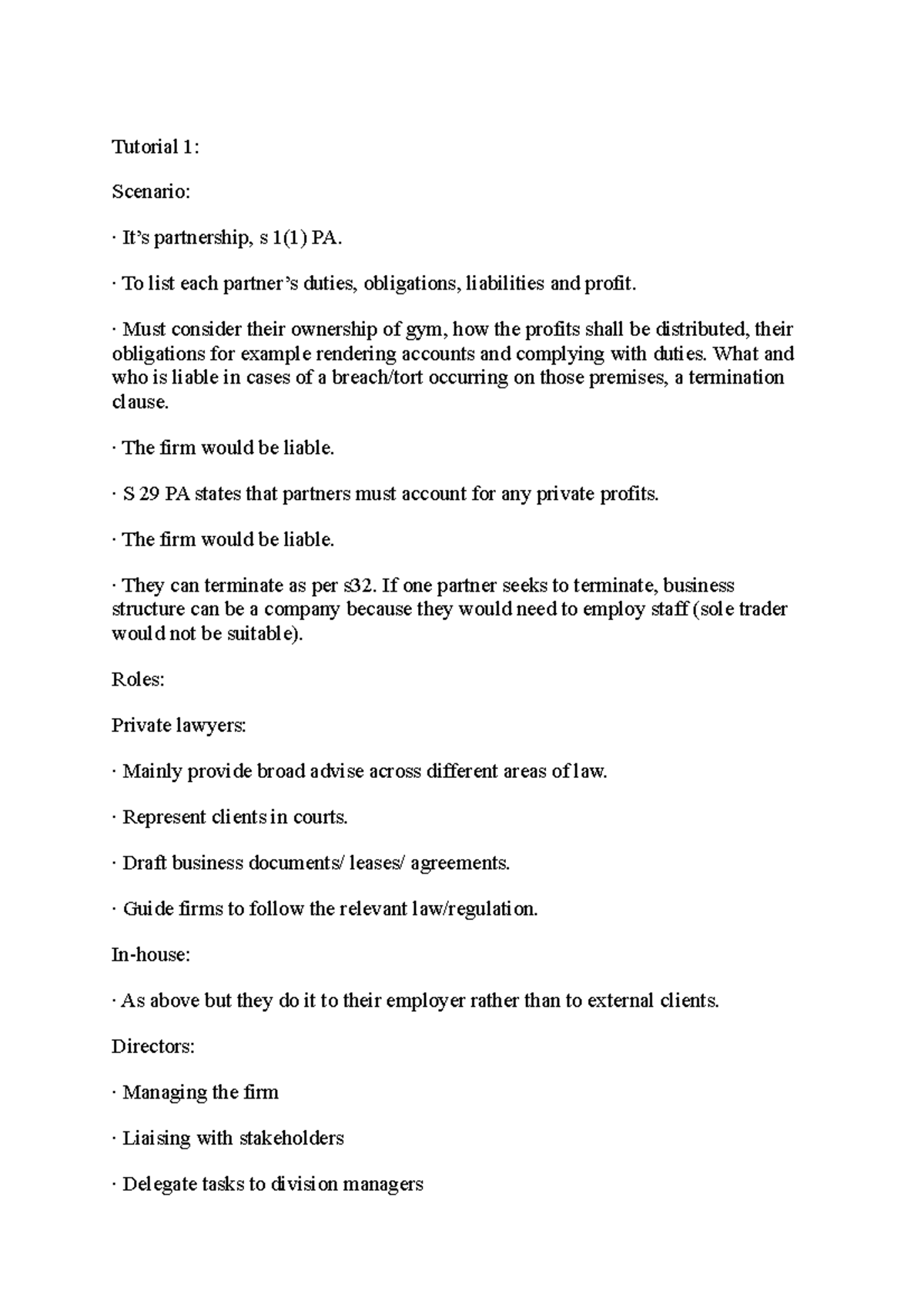 Tutorial 1 - Tutorial 1: Scenario: · It’s partnership, s 1(1) PA. · To ...