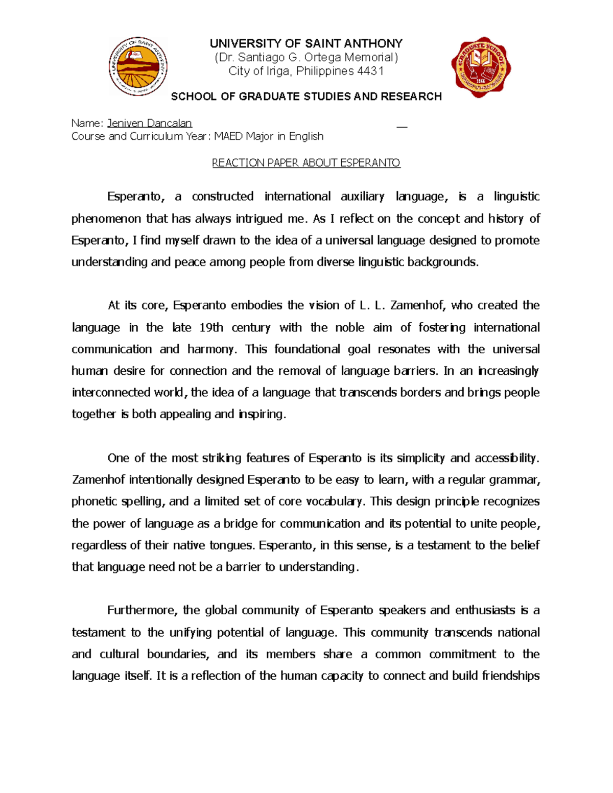 Reaction Paper about Esperanto - UNIVERSITY OF SAINT ANTHONY (Dr ...