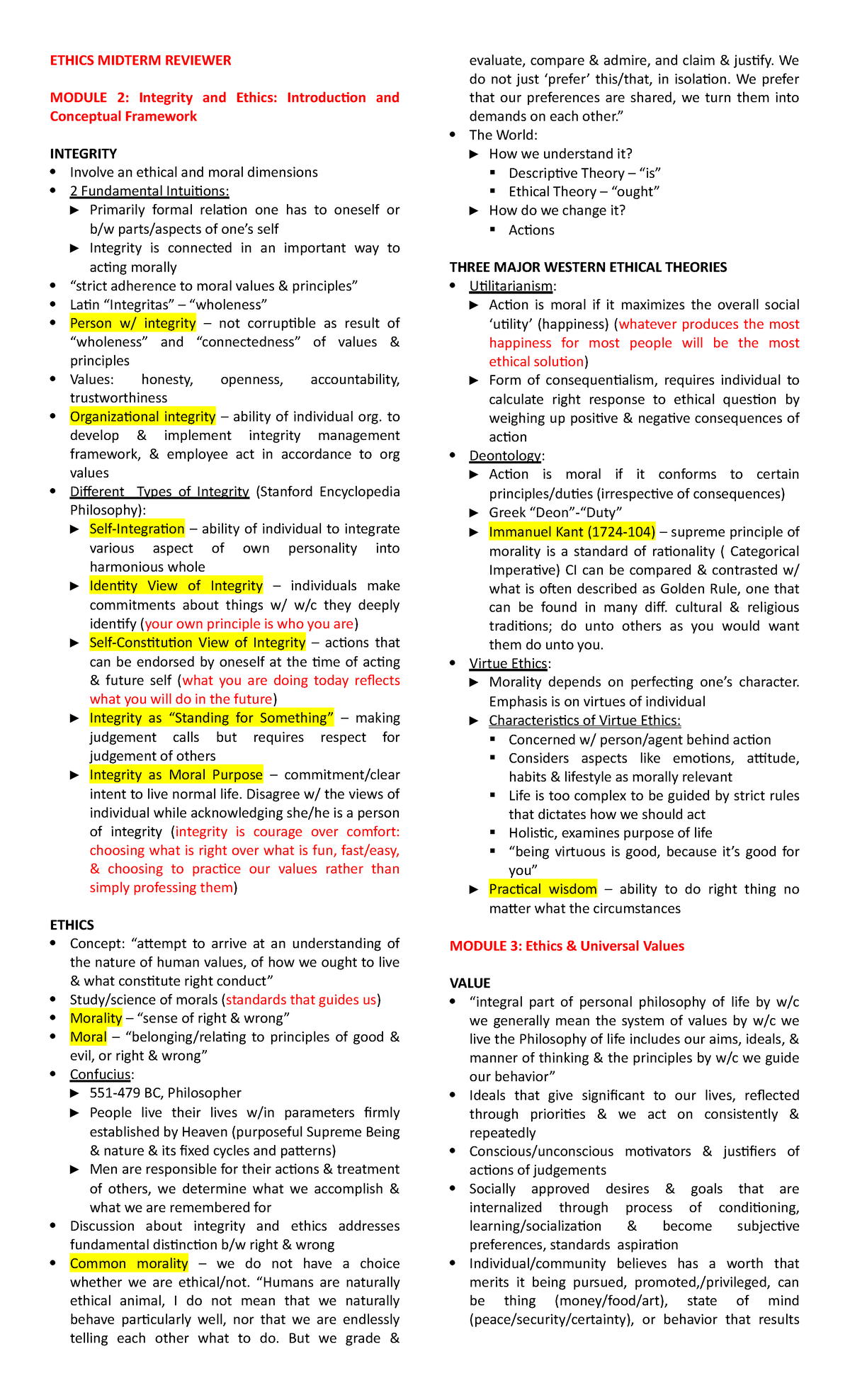 Ethics- Midterm- Reviewer - ETHICS MIDTERM REVIEWER MODULE 2: Integrity ...