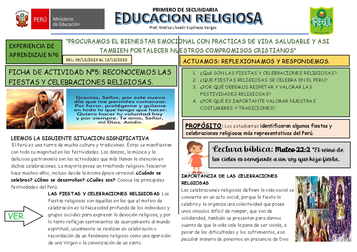 Ficha DE Actividad - Sexta EDA - Primero - Religion - PRIMERO DE SECUNDARIA Prof. Melisa Lisseth ...