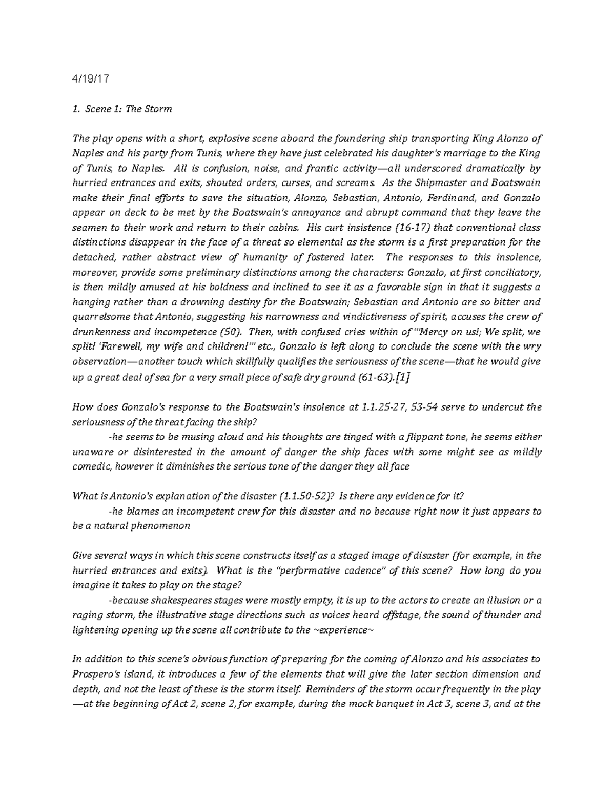 The Tempest Act 1 Study Guide - 1. Scene 1: The Storm The play opens ...