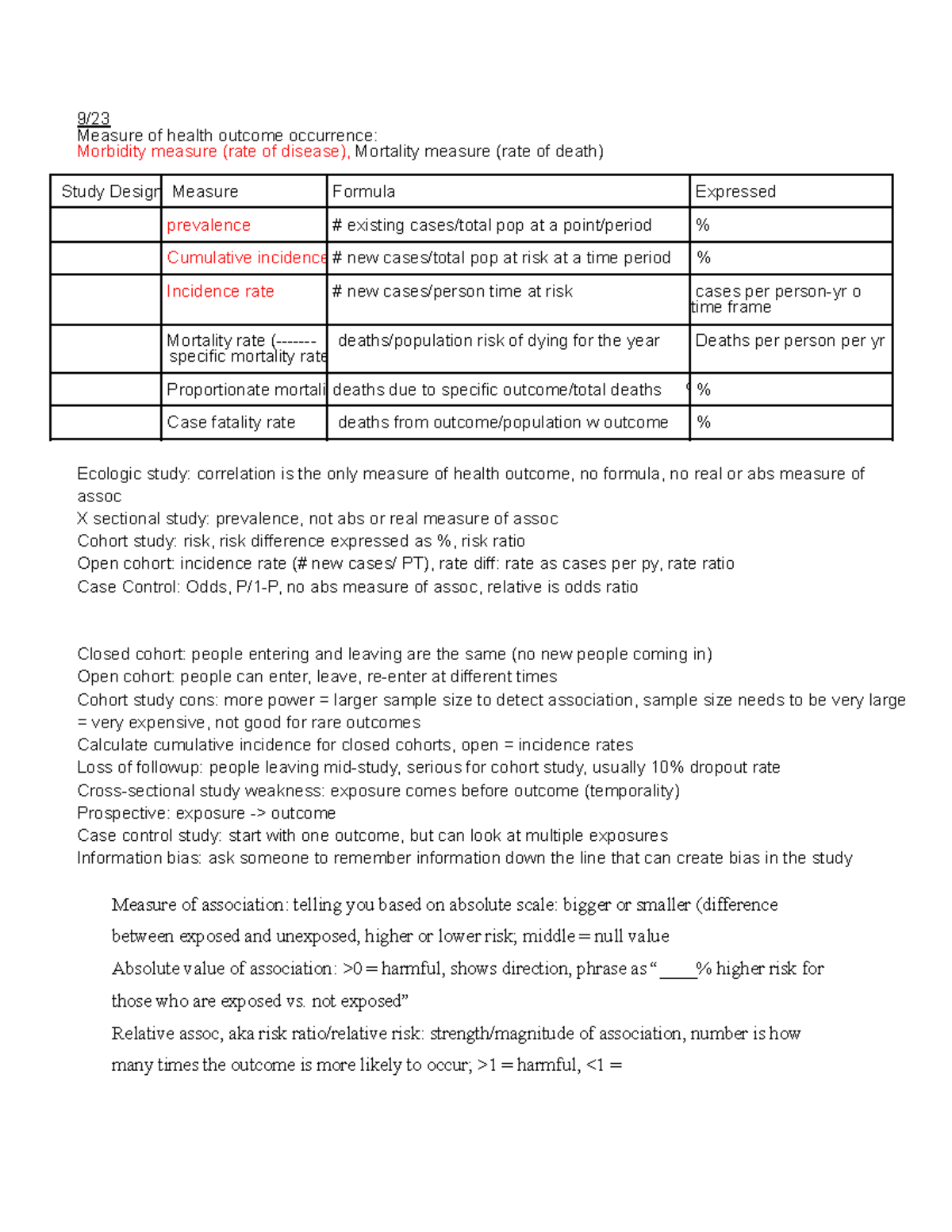 HSSP100 cheat sheet exam 1 - 9/ Measure of health outcome occurrence ...