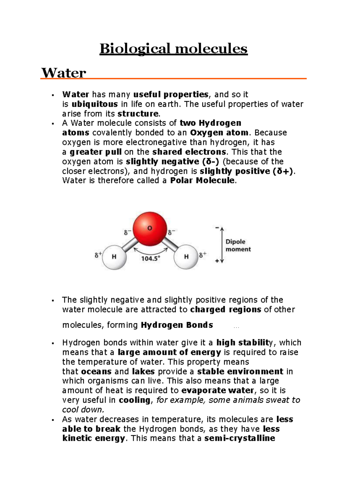 Biological molecules summary - Biological molecules Water Water has ...